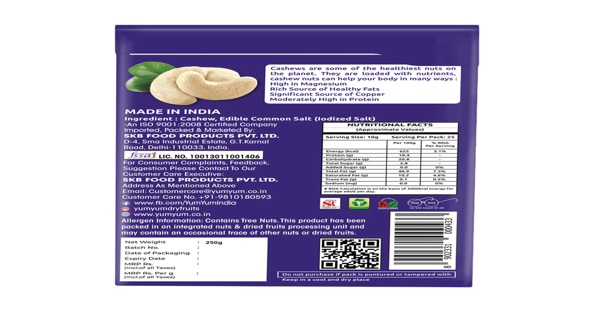 Buy YUM YUM Roasted & Salted Cashews Nut, Kaju Dry Fruits Online () At ...