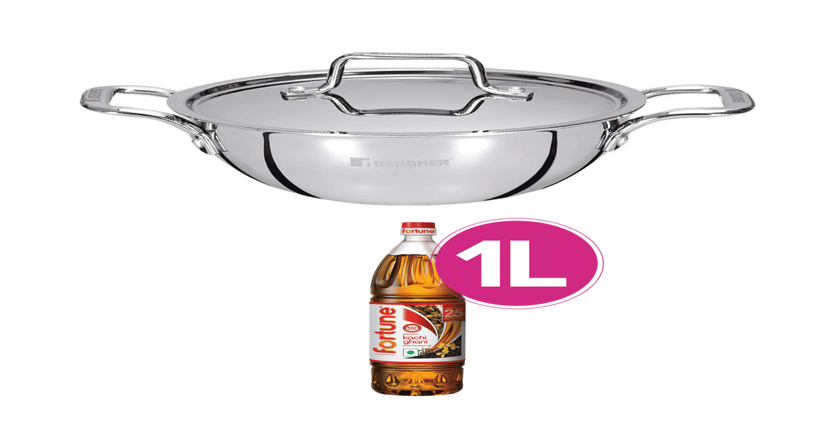Buy Bergner TriPro Tri-Ply Stainless Steel Kadai with Lid (24cm, 3.1 L ...