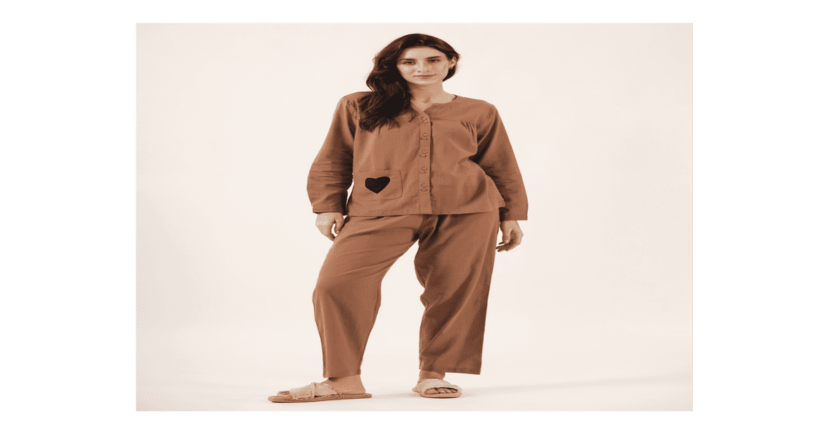Buy SANSKRUTIHOMES Brown Color Mandarin Collar Pure Cotton Night Suit ...