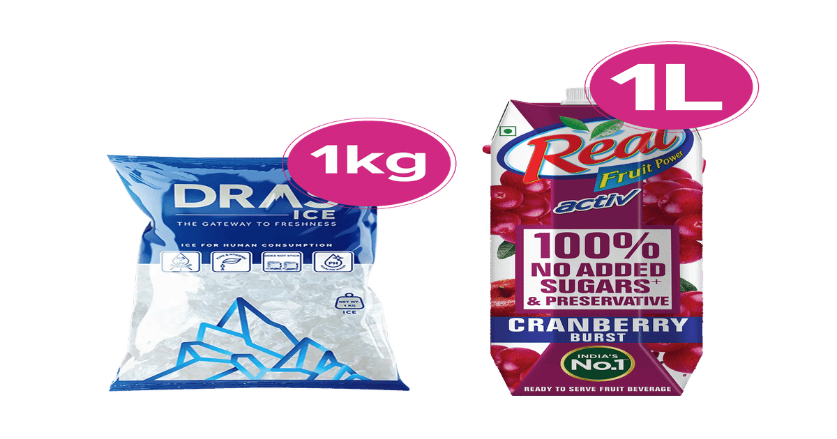 Buy Dras Ice Cubes 1kg and Real Activ 100% Juice Cranberry1ltr Online ...