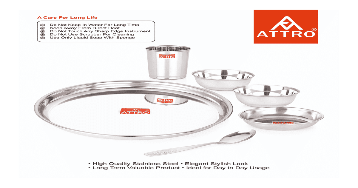Buy Attro Stainless Steel Dinner Set (Set of 6, Thali, Plate, Bowls ...