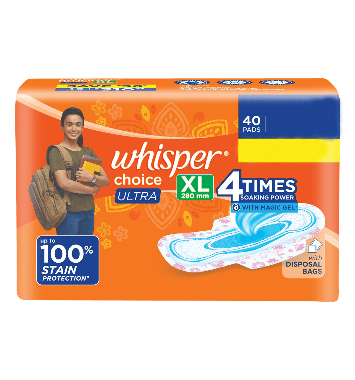 Buy Whisper Whisper Choice Ultra Xl 40 Sanitary Pads, Upto 100% Stain ...