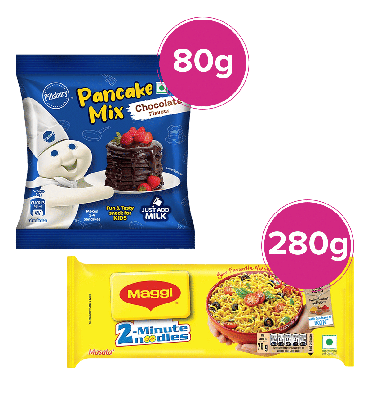 Buy Maggi Pillsbury Chocolate Flavour Pancake Mix Crepes 80Gm + Maggi Masala Instant Noodles ...