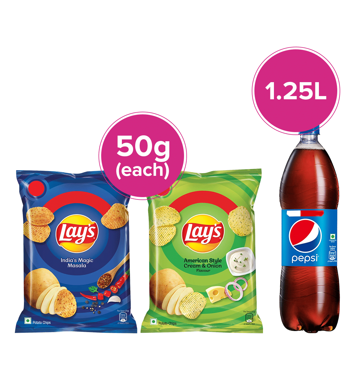 Buy Lay'S Magic Masala Chips 50G + American Style Cream & Onion + Pepsi ...