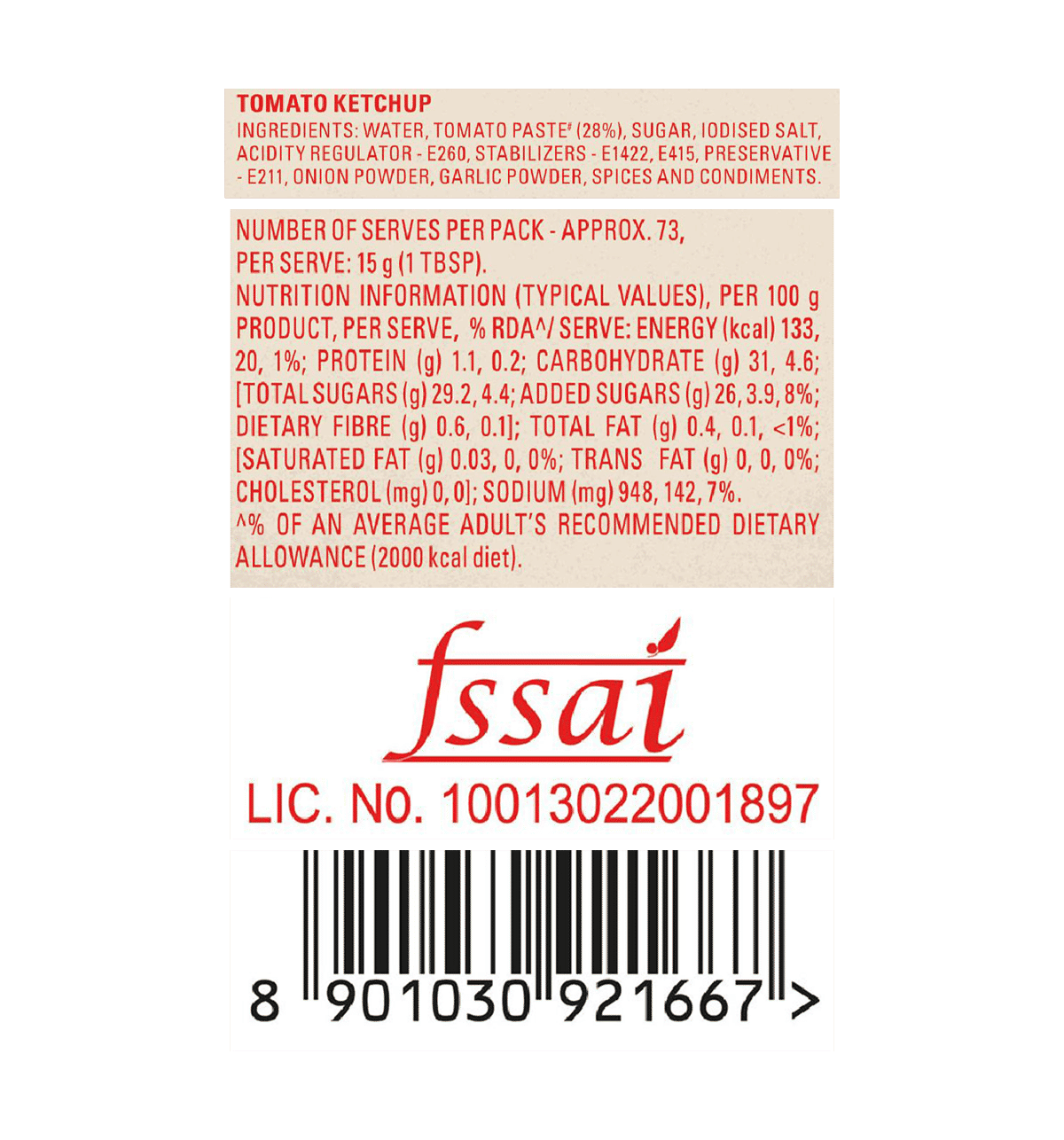 Kissan Tomato Ketchup Label