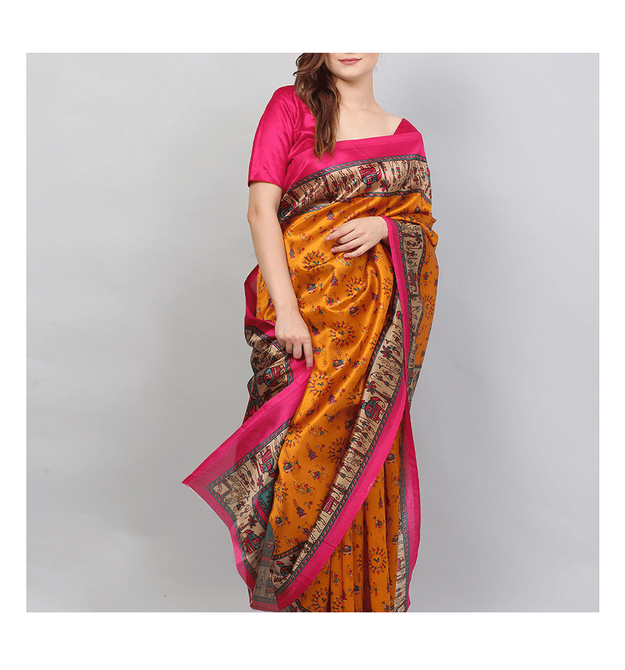 Buy Mad Over Print Mad Over Print Mustard Yellow Saree with Warli print ...