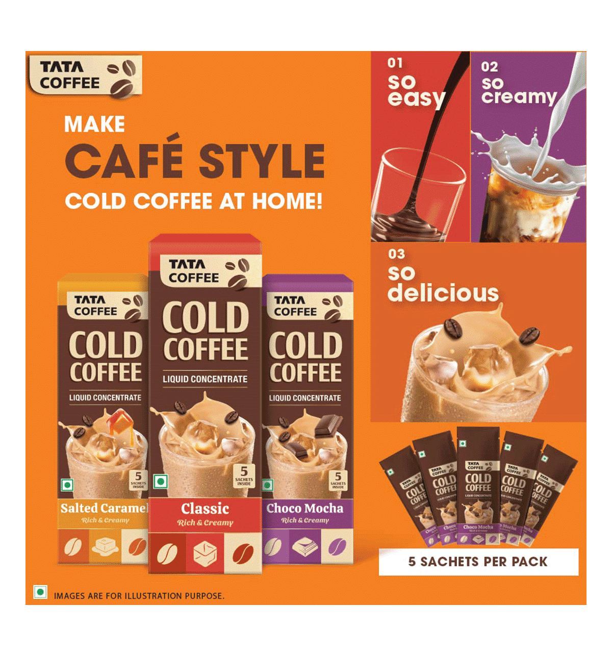 Buy Tata Coffee Cold Coffee, Liquid Concentrate, 5 Sachets Brown, Choco ...