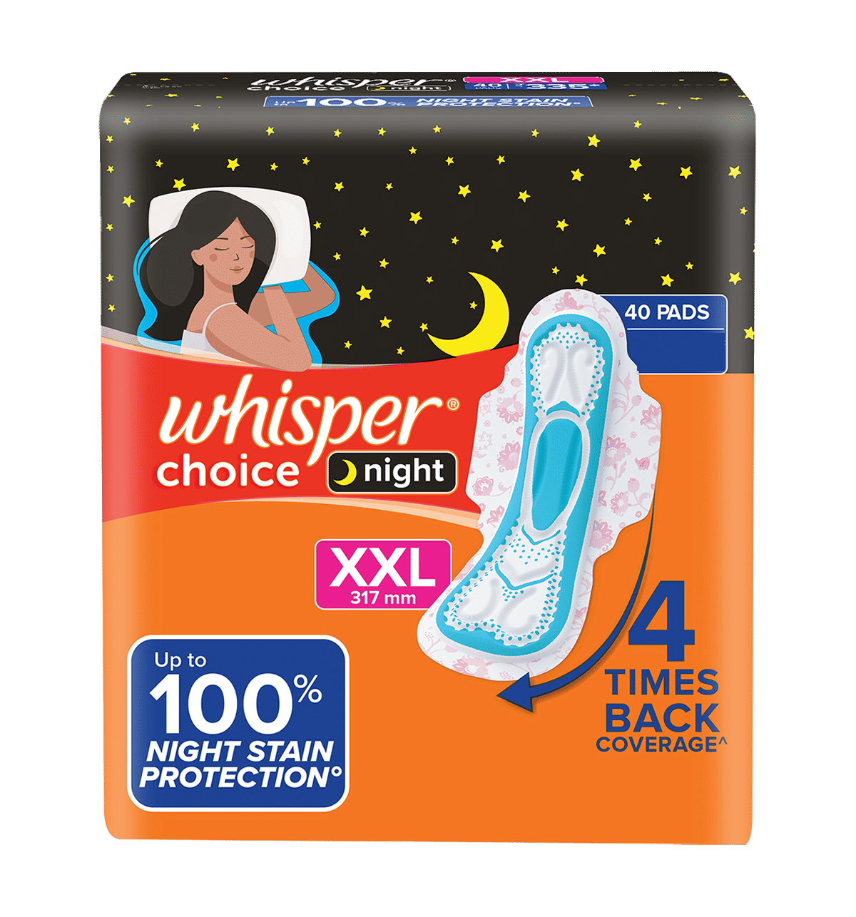 Buy Whisper Whisper Choice Nights XXL Sanitary Pad 40 pieces Online At Rs. 335 | Instant Delivery