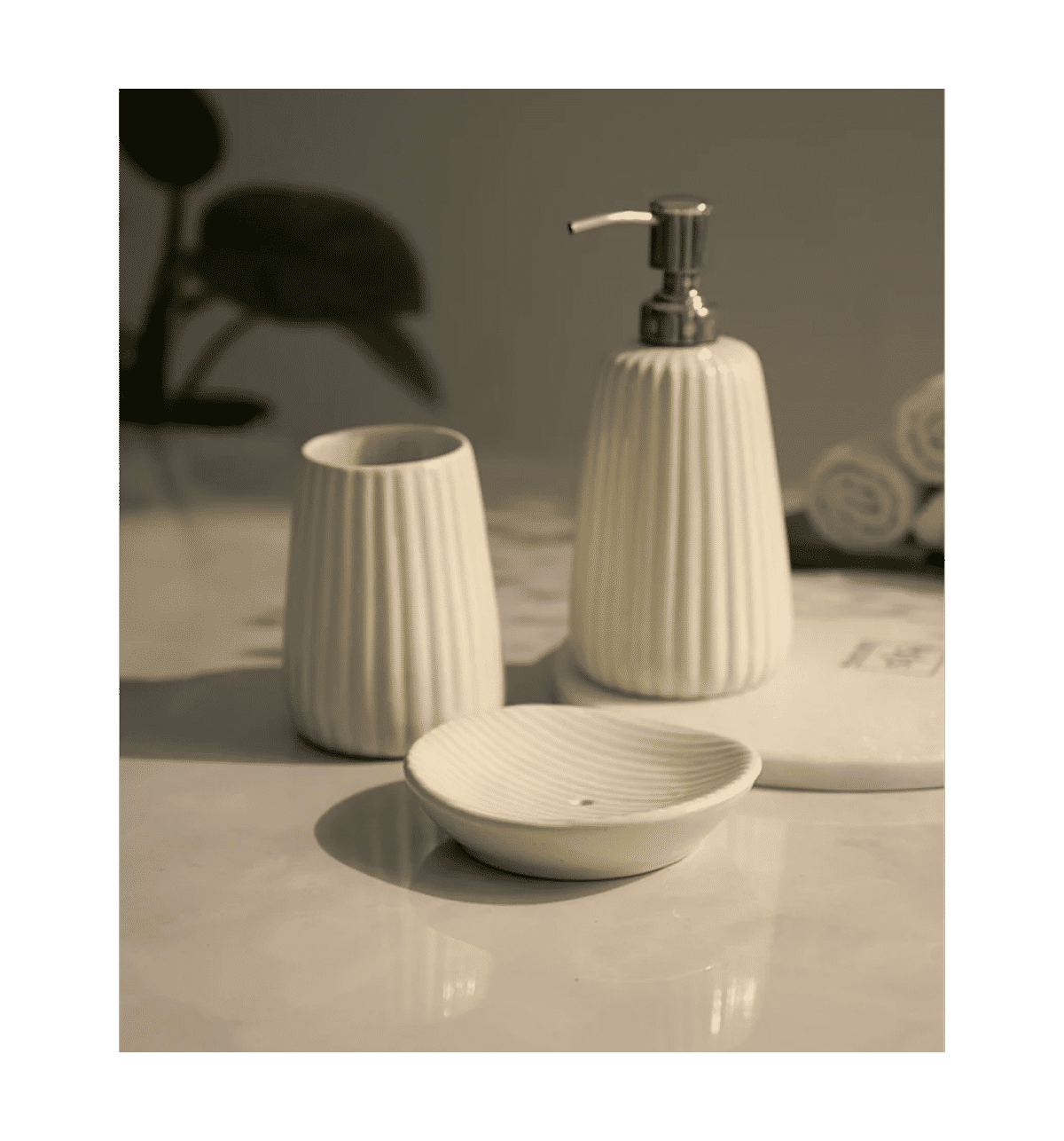 Buy Quace Quace Ceramic Ribbed Soap Dispenser, Toothbrush Holder and ...