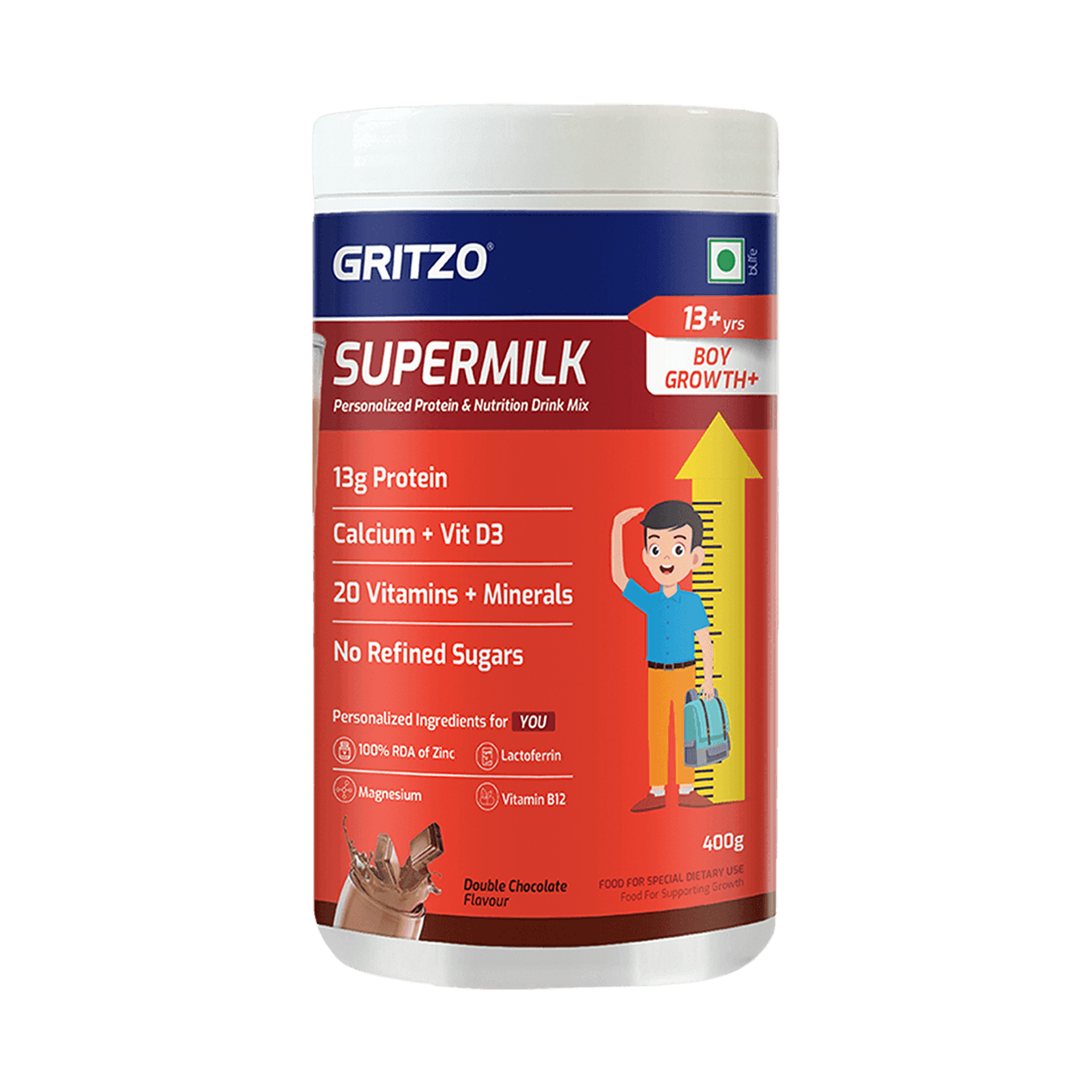 Buy Gritzo Supermilk Growth+ For (13+ Yrs Boys) | Double Chocolate, 12 ...