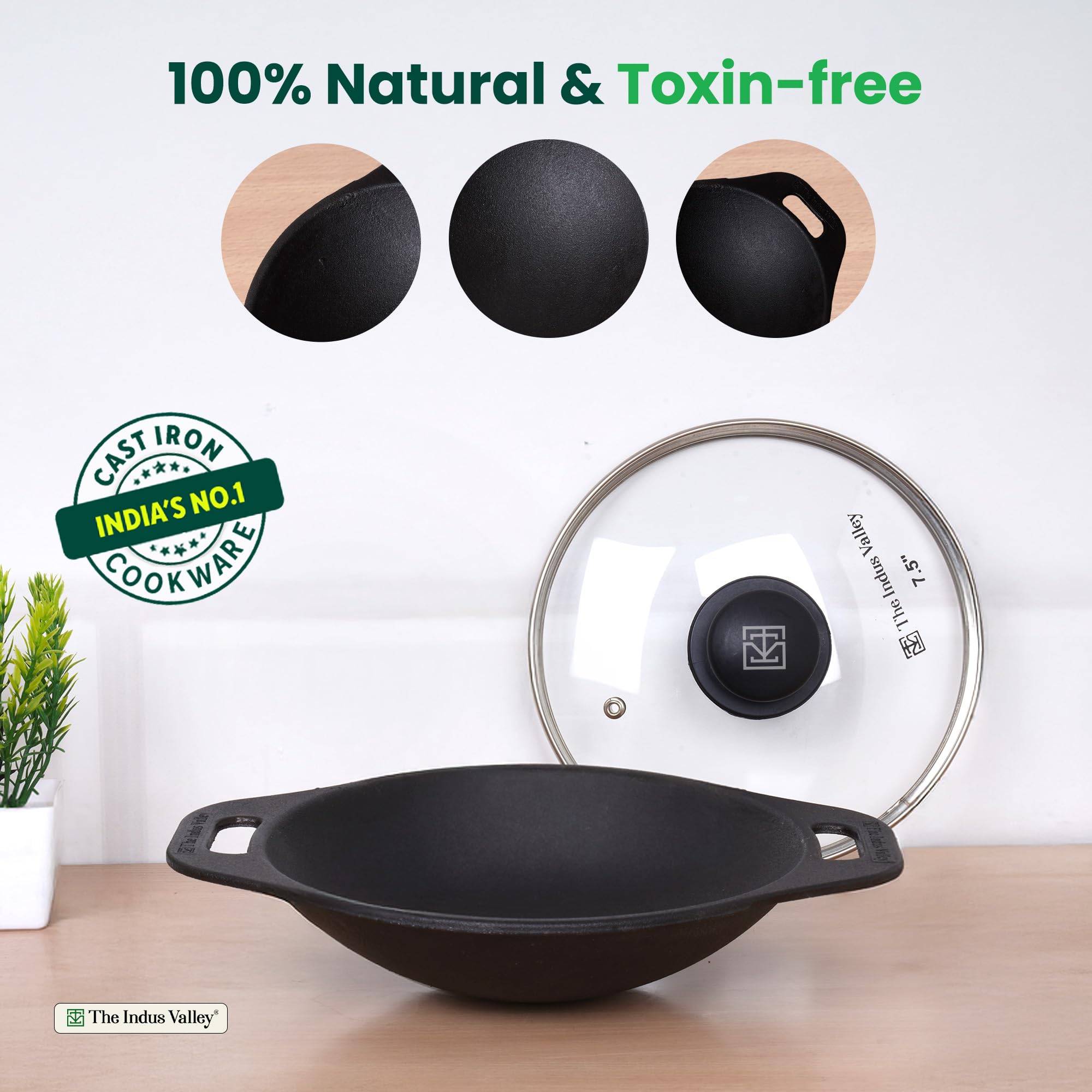 Buy The Indus Valley Pre-Seasoned Cast Iron Appam Pan with Glass Lid (1 ...
