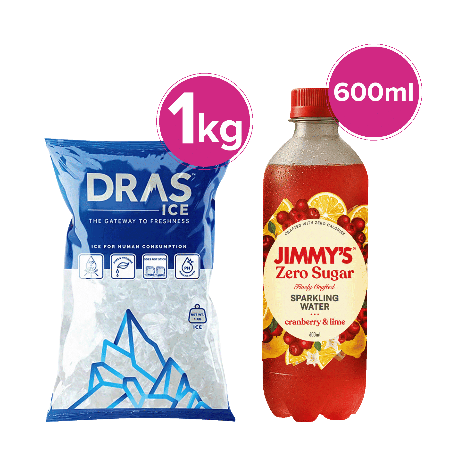 Buy Dras Ice Cubes 1kg and Jimmy's Zero Sugar Cranberry Lime600ml ...