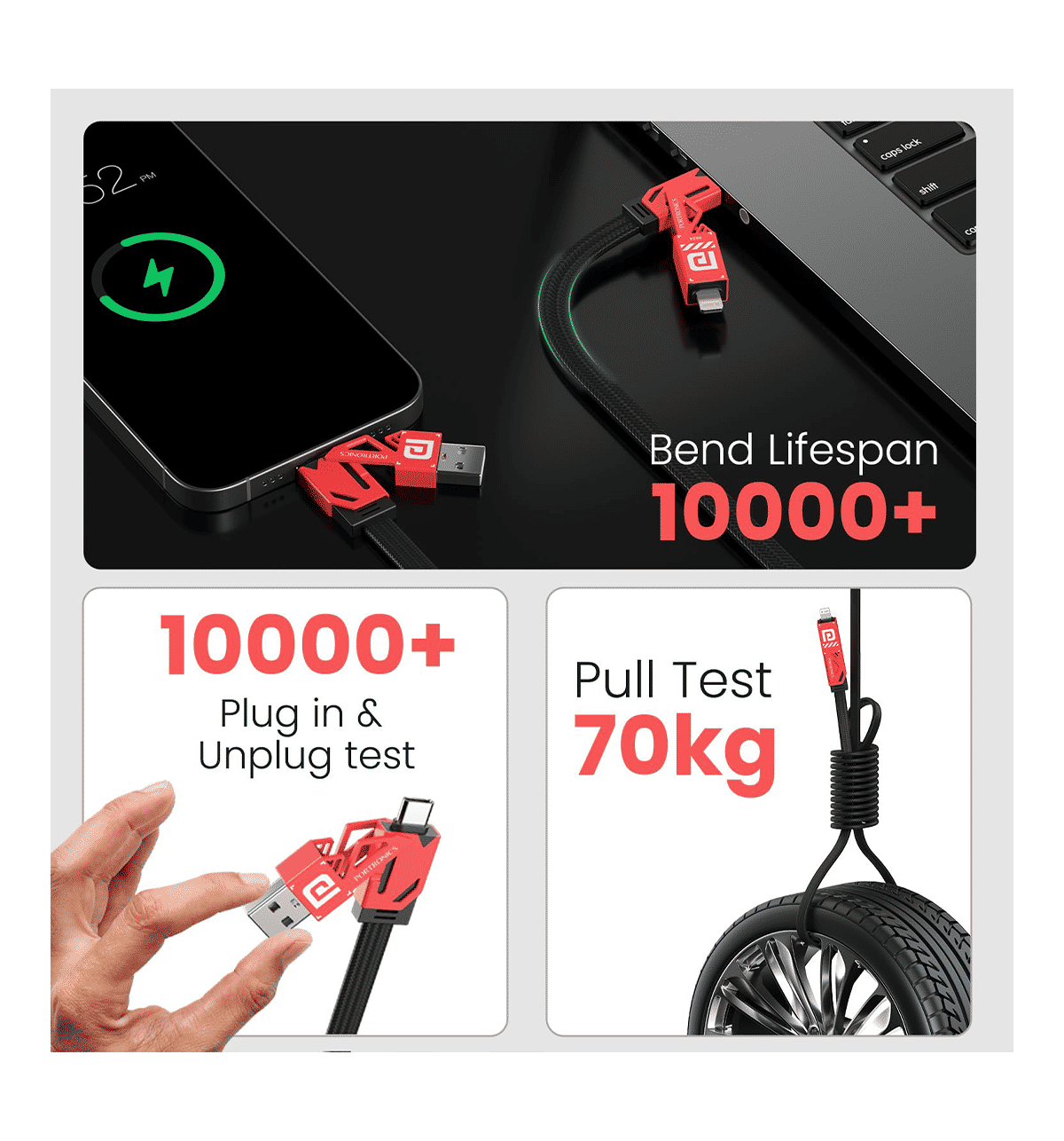Buy Portronics Pro Charge 4 4 In 1Multi Functional Cable - Red + Black ...