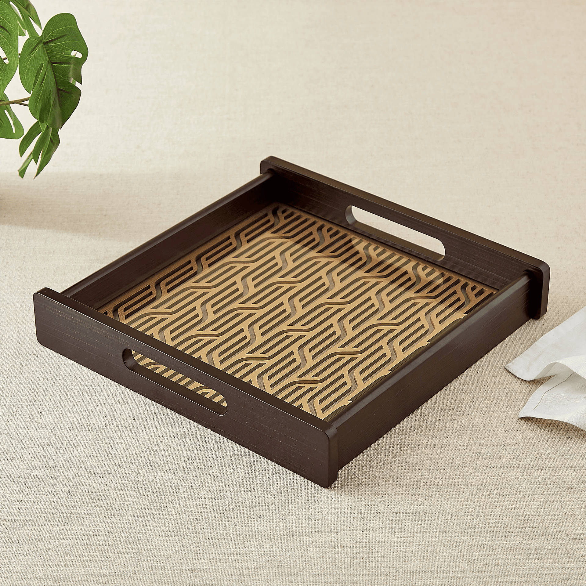Buy Home Centre Elm Linear Wooden Laser Cut Square Serving Tray (30 x ...