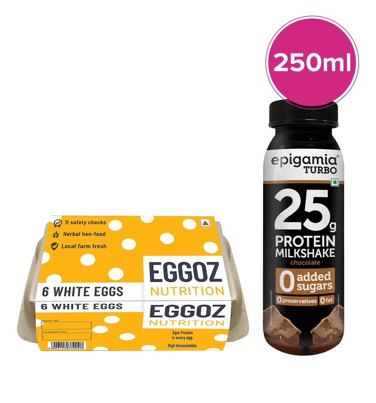 Buy Eggoz Eggoz White Herbal Feed Eggs 6Pcs + Epigamia Chocolate Turbo Protein Milkshake 250ML 1 ...