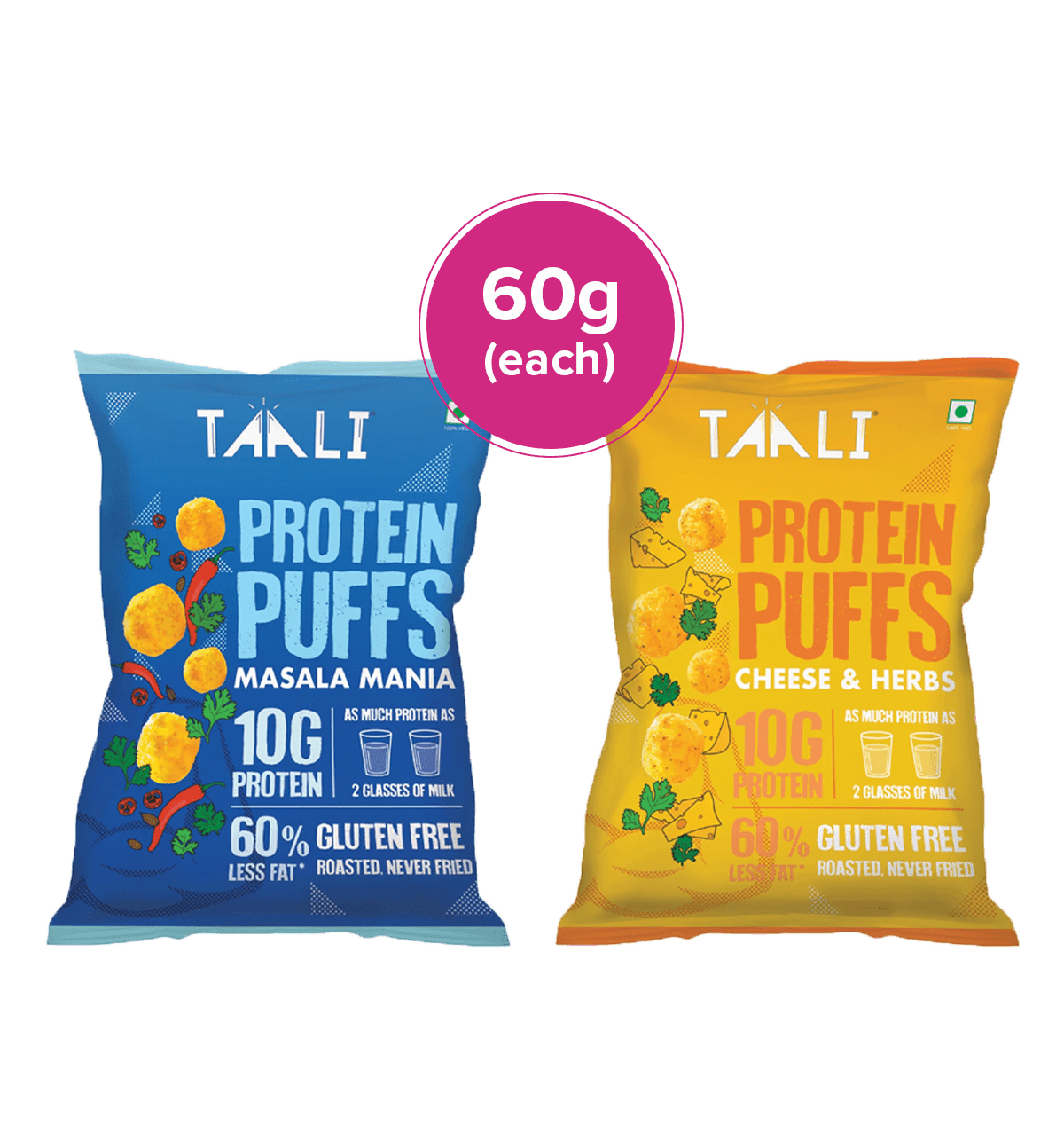 Buy Taali Taali Protein Puffs Cheese & Herbs & Masala Mania Pack of 2 1 ...
