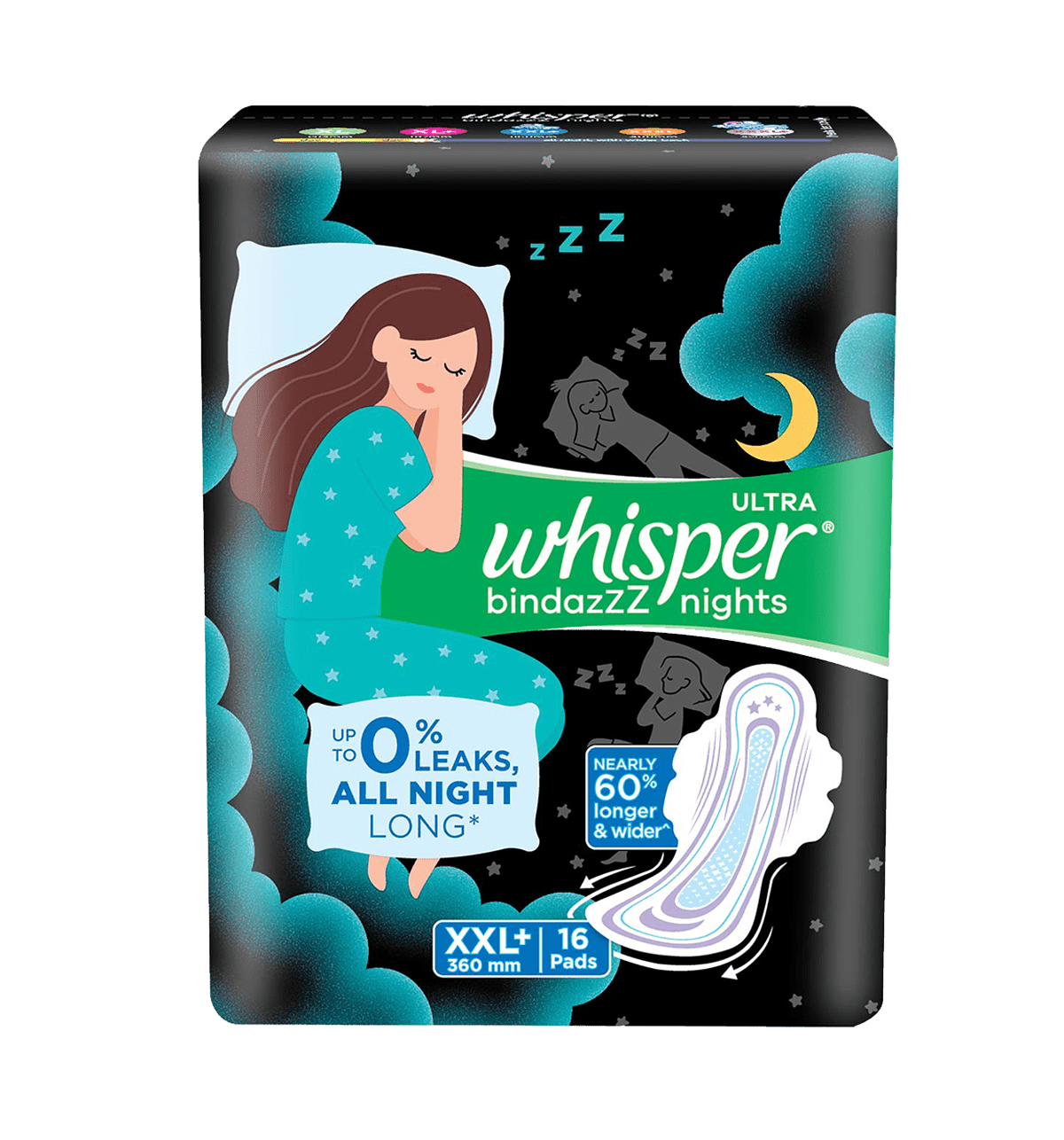 Buy Whisper Whisper Bindazzz Nights 16 Xxl+ Sanitary Pads, Upto 0% ...