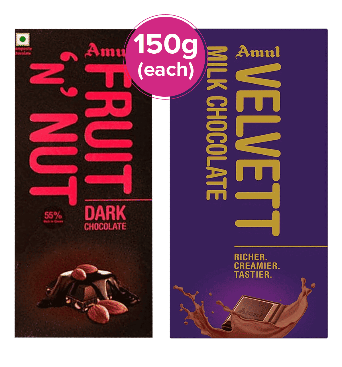 Buy Amul Amul Fruit N Nut 55% Dark Chocolate Amul Velvet Milk Chocolate ...