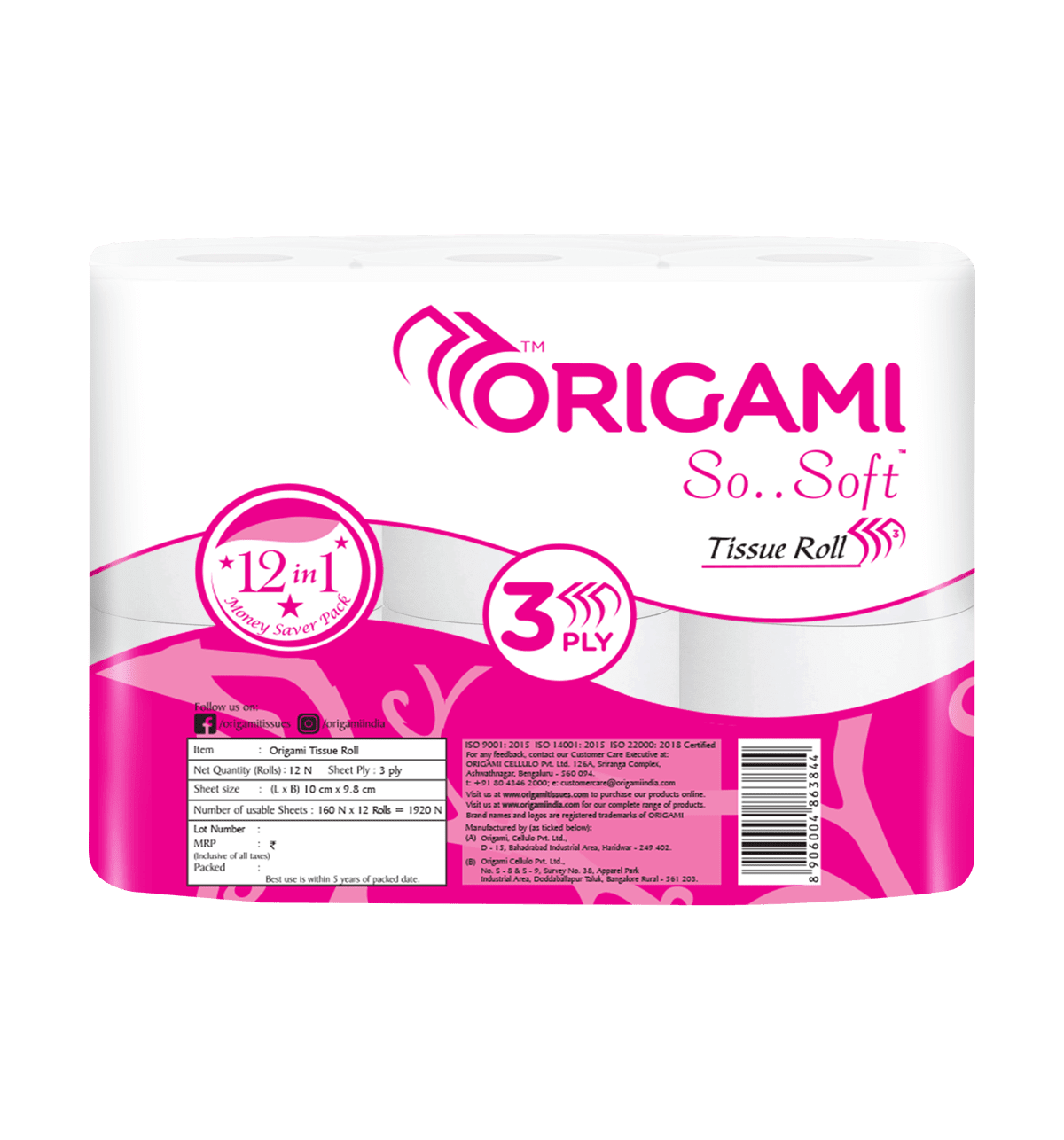 Buy Origami Origami 3 Ply Toilet Tissue Paper Roll Pack Of 12 * 160 ...